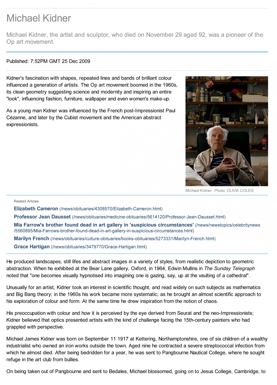 Michael Kidner, the artist and sculptor, who died on November 29 aged ...